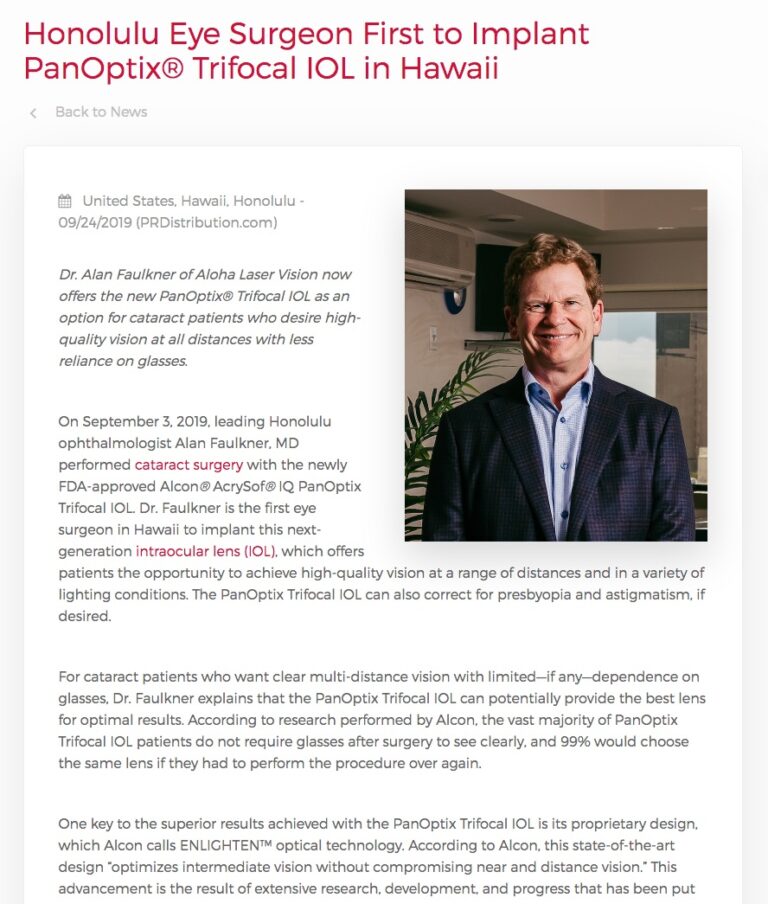 Honolulu Eye Surgeon First to Implant PanOptix Trifocal IOL in Hawaii | Aloha Laser Vision - See ...