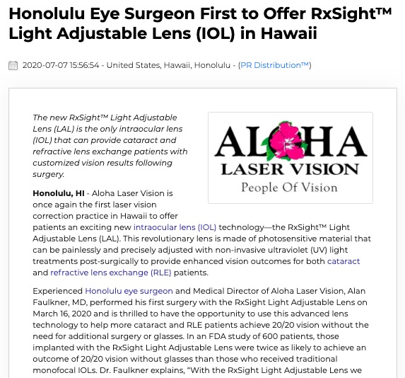 Honolulu Eye Surgeon First to Offer RxSight Light Adjustable Lens | Aloha Laser Vision