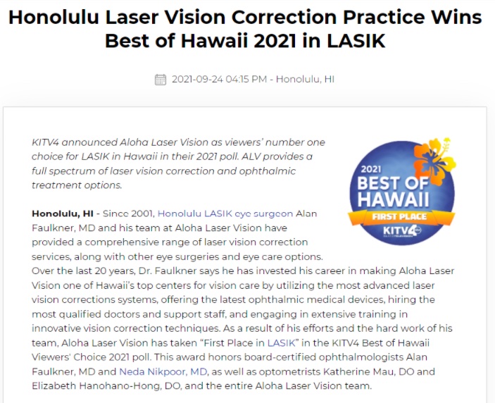 Honolulu LASIK Practice Wins KITV4 Best of Hawaii 2021